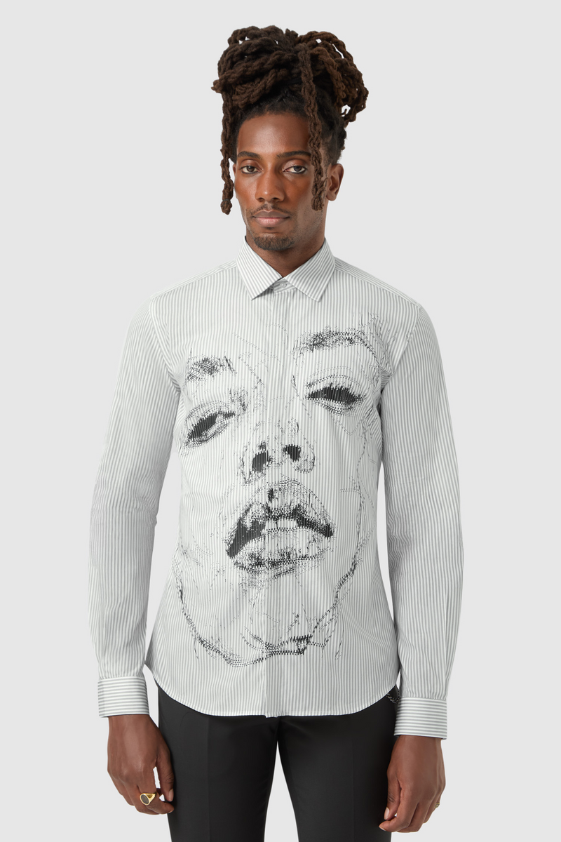 Pladyn Slim Fit Grey Digital Face Print Shirt – Twisted Tailor