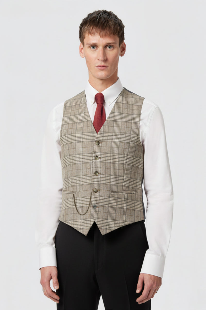 Roy Slim Fit Brown Check Waistcoat