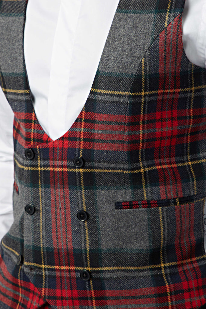 Twisted Tailor Cardosi Grey And Red Tartan Waistcoat